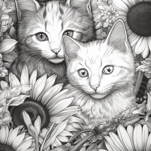 24 Cute Flower Cat Coloring Book, Adults Kids Coloring Pages, Instant ...