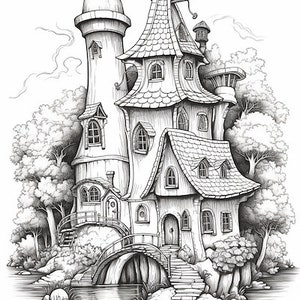 Fairytales Fantasy Houses Coloring Book for Adults and Kids, Grayscale ...
