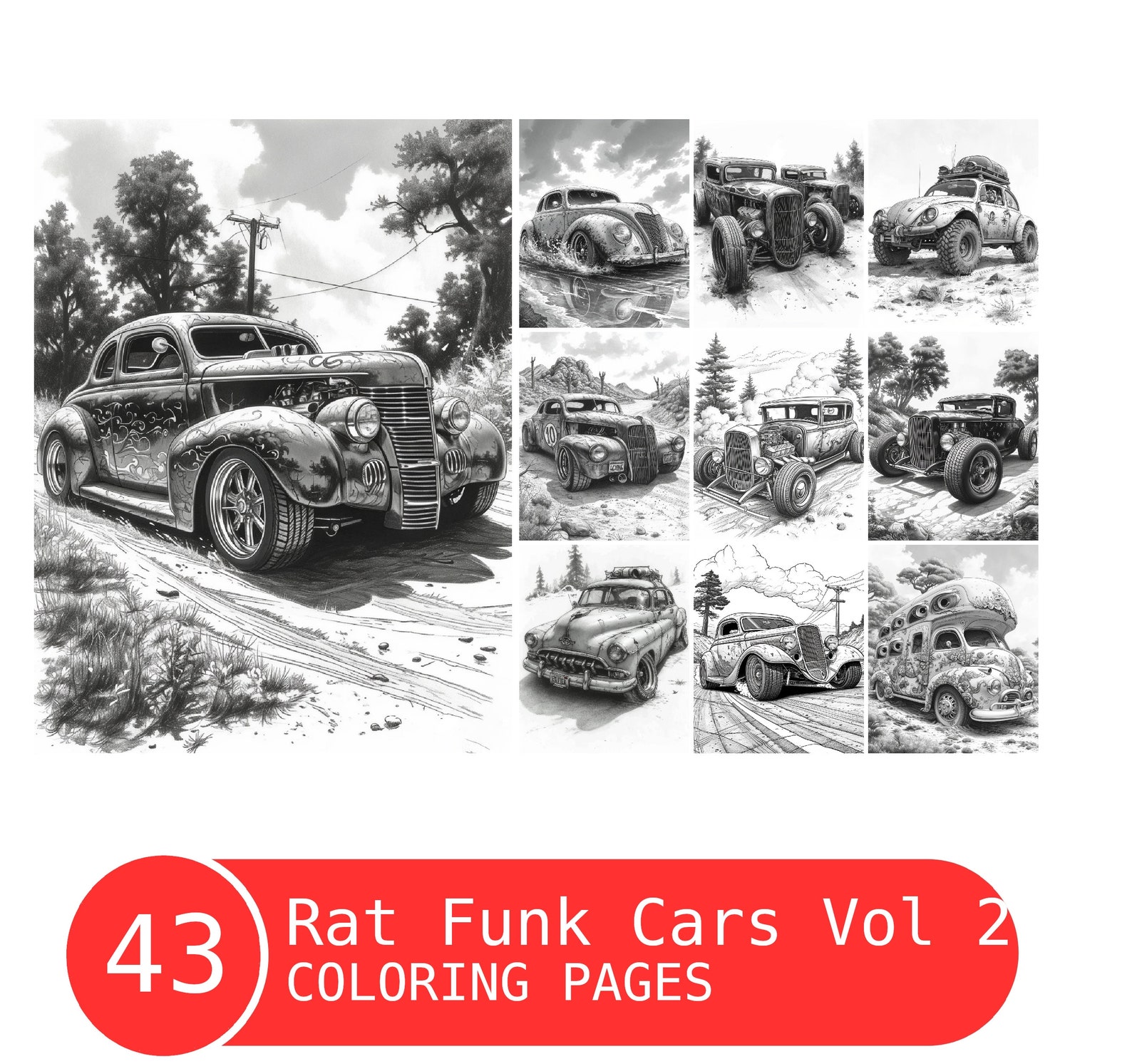 Rat Funk Cars Vol 2 Coloring Book: Grayscale Art (printable PDF File ...