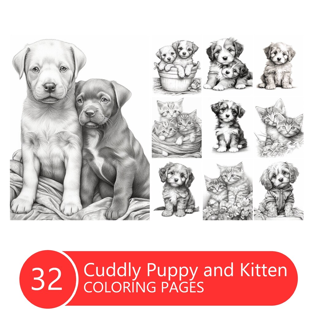 Cuddly Puppy and Kitten Coloring Book for Adults and Kids, Grayscale ...