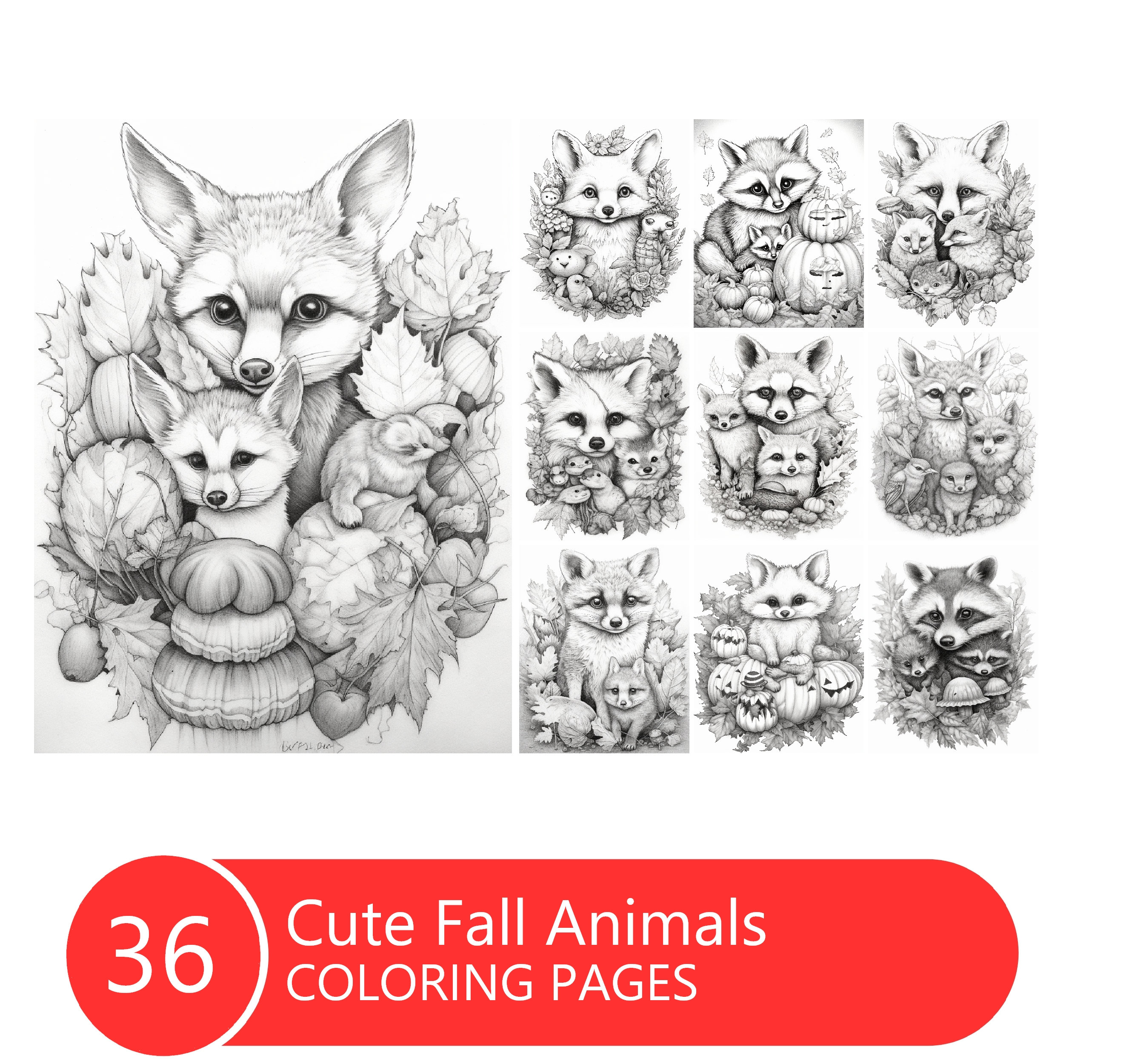 Cute Fall Animals Coloring Book for Adults and Kids Grayscale - Etsy