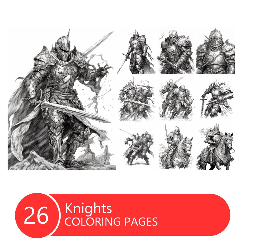 Knights Coloring Book for Adults and Kids, Grayscale Coloring Pages ...