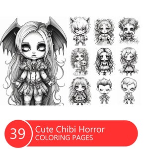Cute Chibi Horror Coloring Book for Adults and Kids, Grayscale Coloring ...
