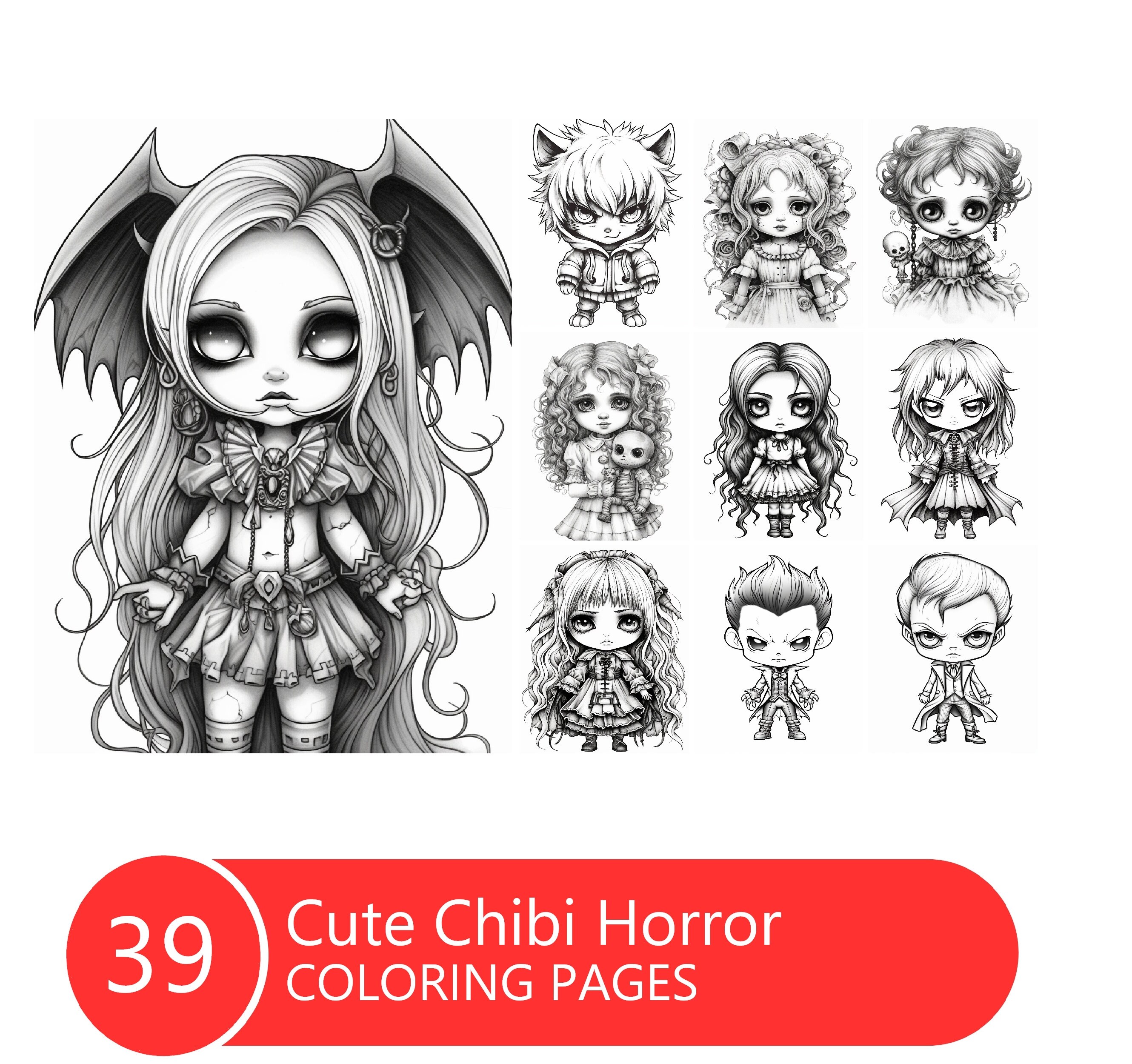 Cute Chibi Horror Coloring Book for Adults and Kids Grayscale - Etsy