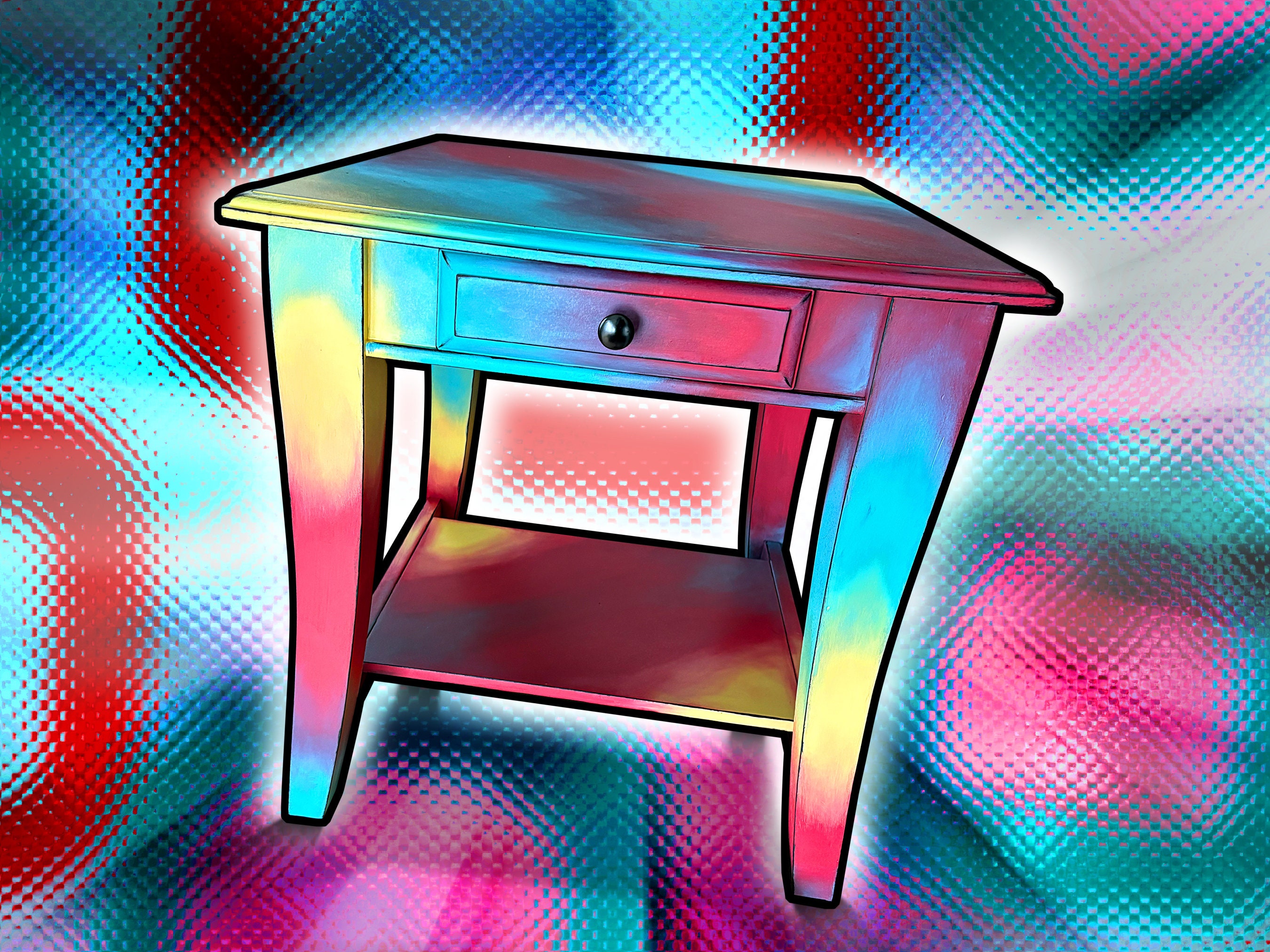 Hand Painted Table Tie-dye Side Table Psychedelic Accent Table Colorful ...