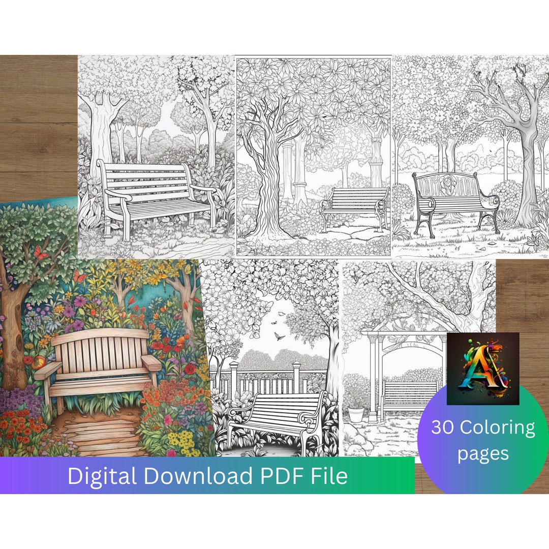 Park Bench Coloring Pages - A Relaxing Walk in the Park - Etsy