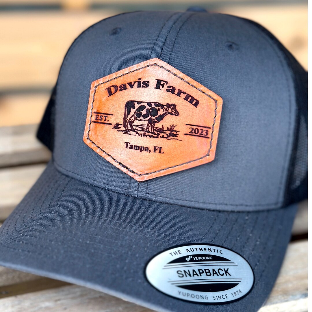 Custom Cow Farm Mesh Snapback Trucker Hat. Leather Patch Hat ...
