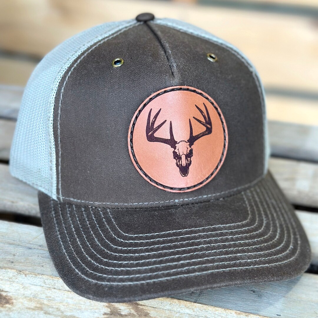 Buck Skull Snapback Trucker Hat | Buck Laser Engraved Leather Patch Hat ...