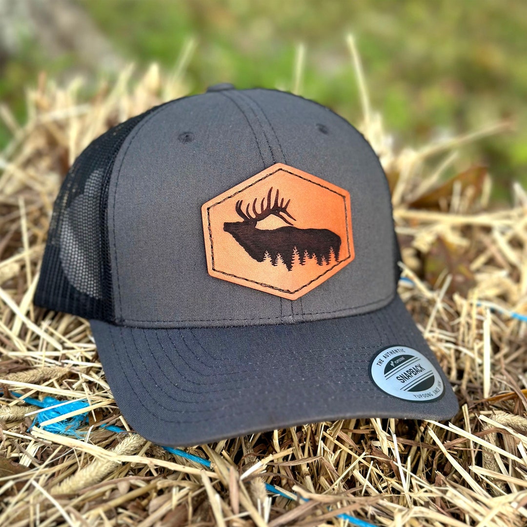 Elk With Trees Mesh Snapback Trucker Hat Laser Engraved Leather Patch ...