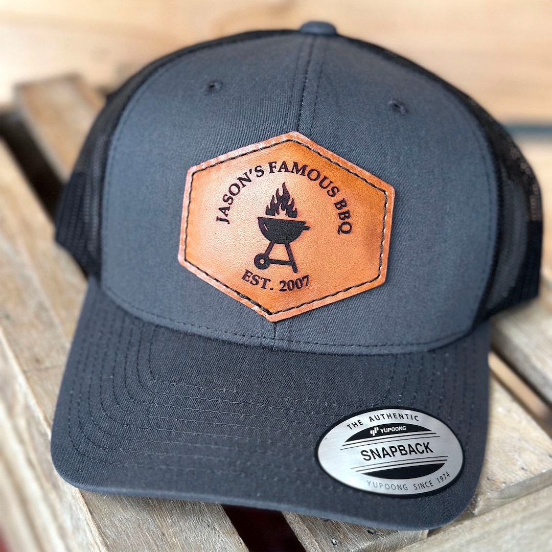 Custom Barbeque Leather Patch Mesh Snapback Trucker Hat Dad BBQ ...