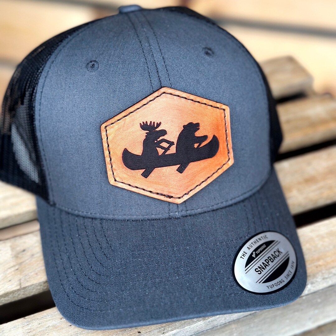 Bear and Moose Canoe Mesh Snapback Leather Patch Hat Lake Hat, Grizzly ...
