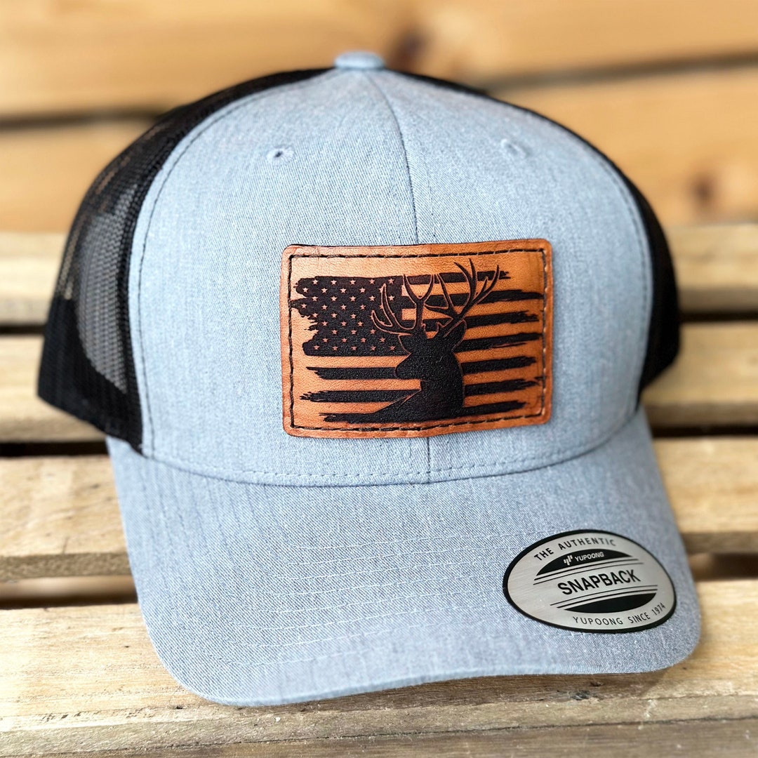 American Buck Snapback Leather Patch Hat Deer Hunter, USA Flag ...
