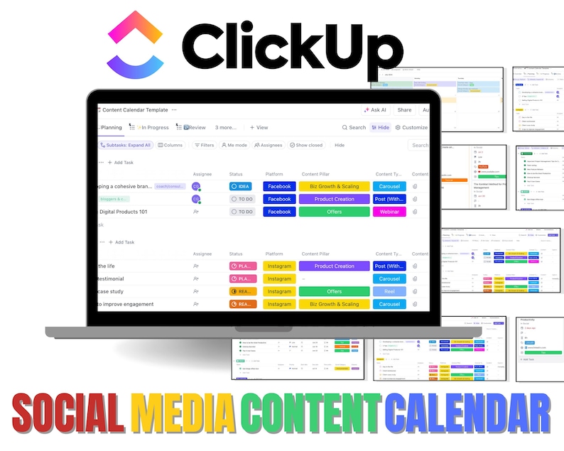 Clickup Social Media Planner Template: Content Calendar - Etsy