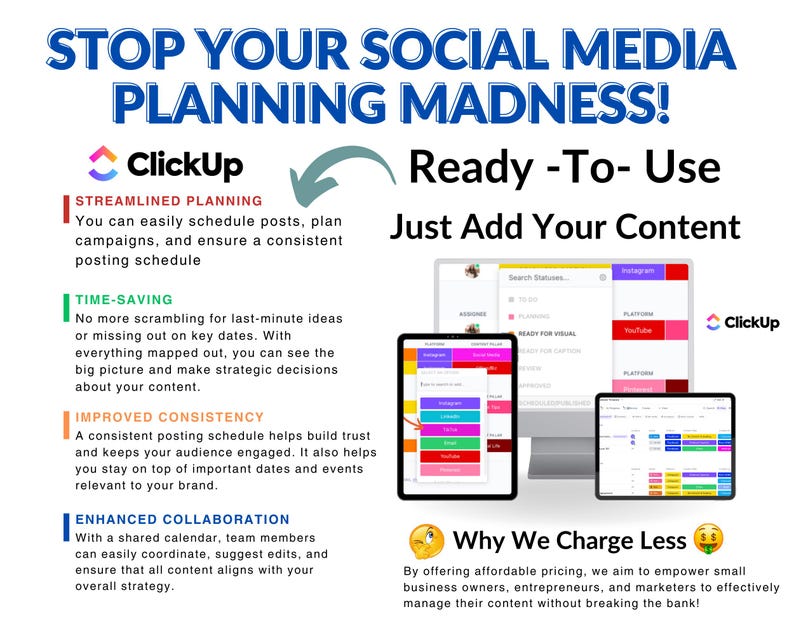 Clickup Social Media Planner Template: Content Calendar - Etsy