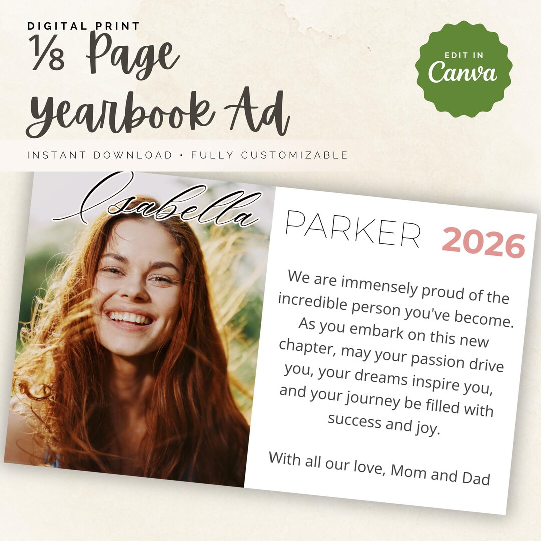 1/8 Page Yearbook Dedication Template | Fully Editable | 3.75 X 2.5 ...