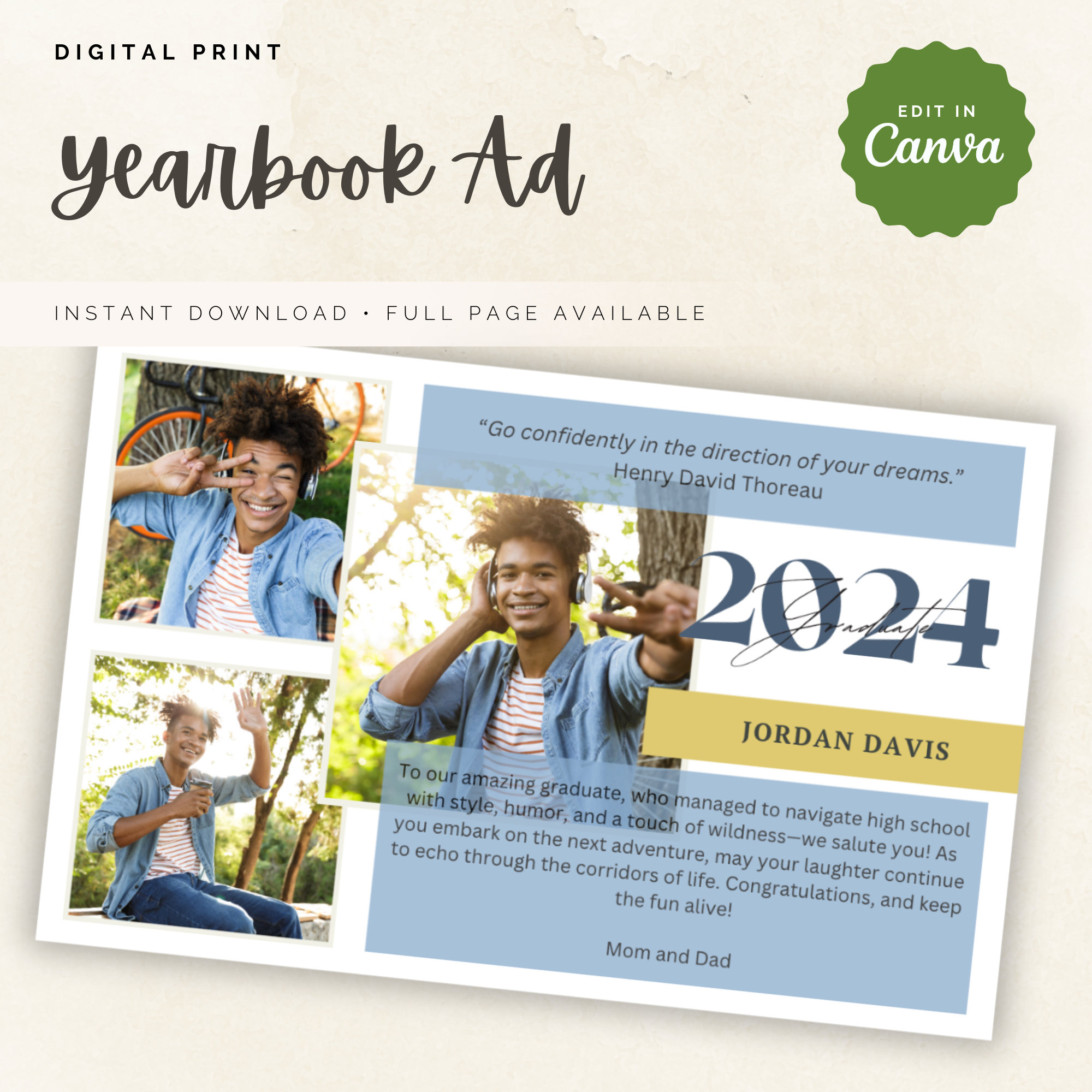 Editable Senior Yearbook Ad Template: Half Page Tribute (digital ...