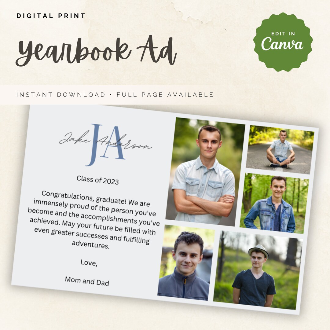Editable Senior Yearbook Ad Template: Half Page, 5 Photos (digital ...