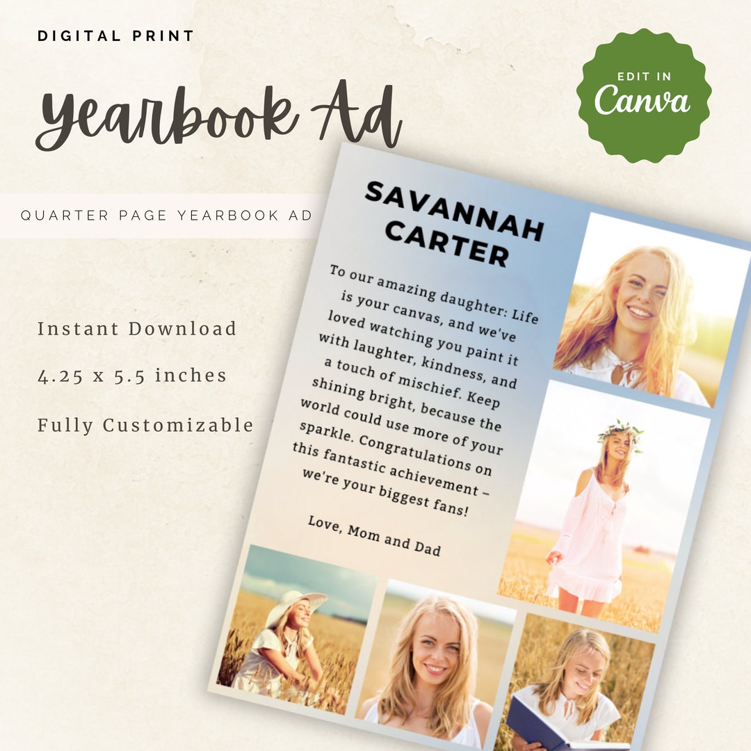 Senior Tribute Yearbook Ad Template, Editable Quarter Page Yearbook Ad ...