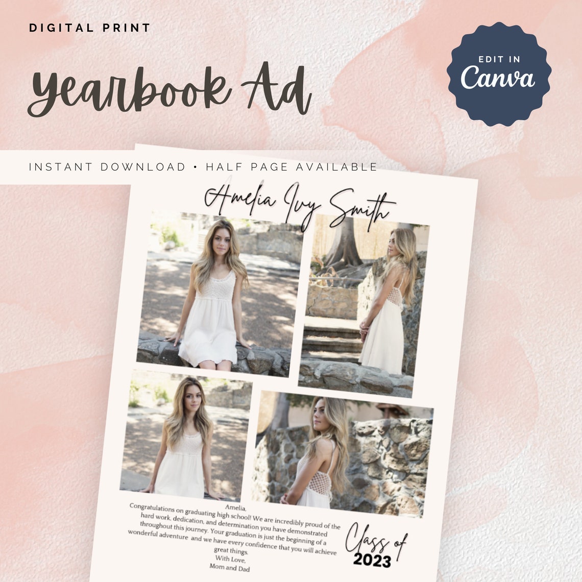 Senior Yearbook Ad Template, Editable Full Page Yearbook Ad, Yearbook ...