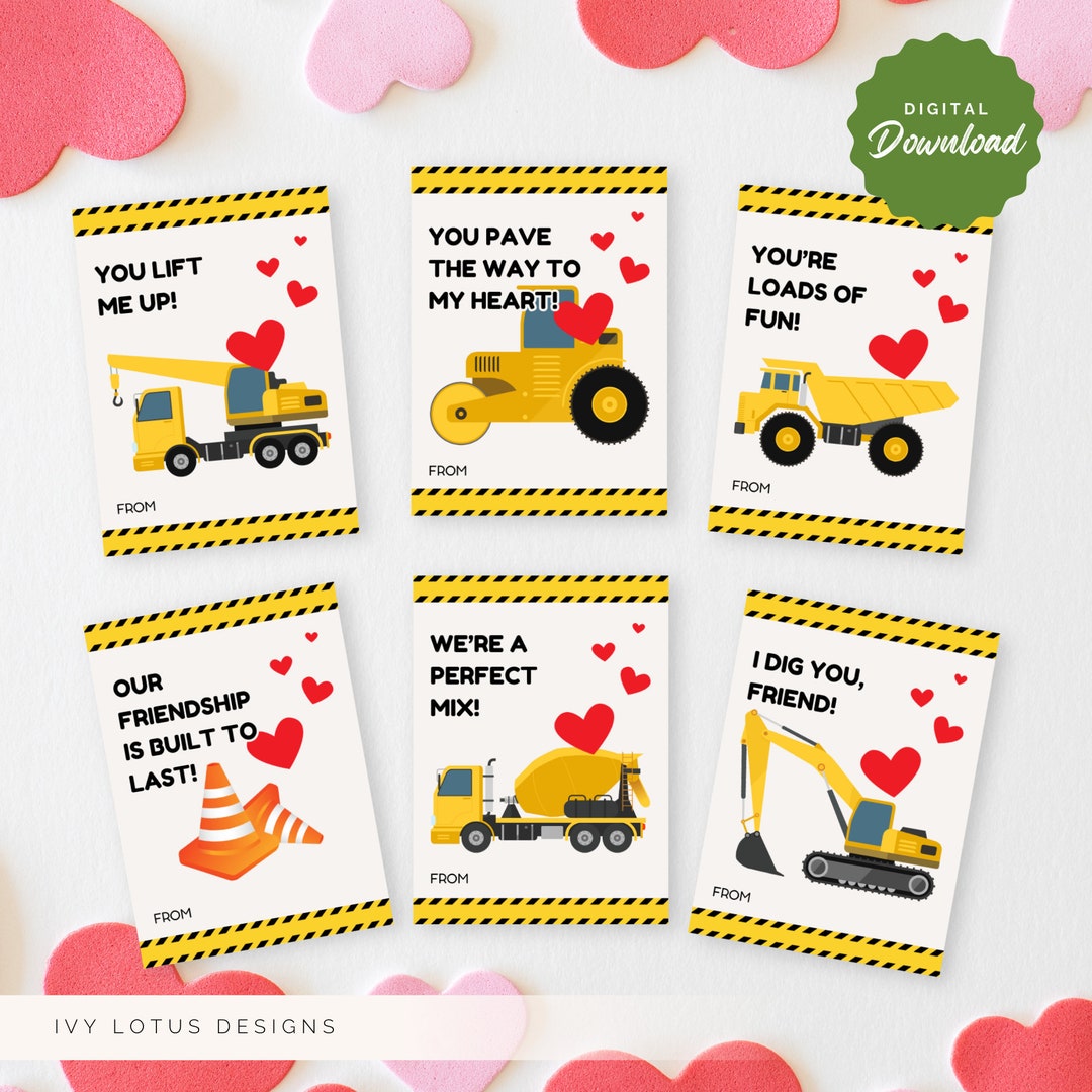 Printable Construction Themed Valentine's Day Card, Classroom Valentine ...