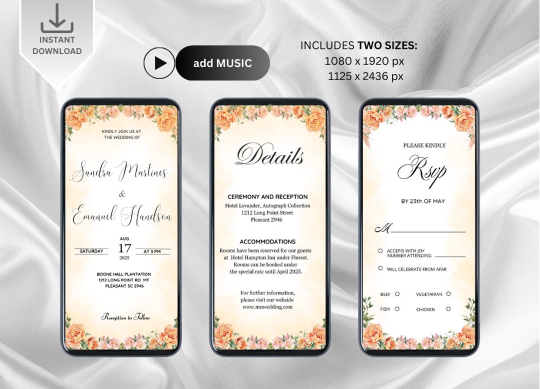 Electronic Wedding Invitation, Digital Orange Flower Template, Editable ...