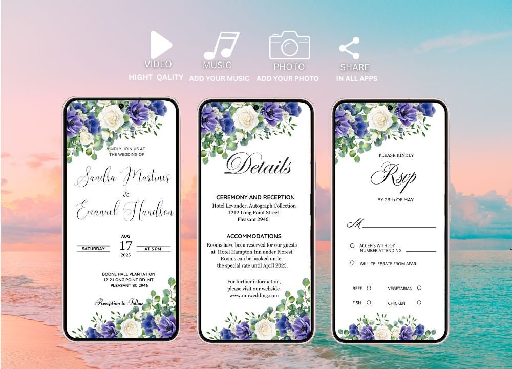 Electronic Wedding Invitation Flower Template, Blue and White Invite ...