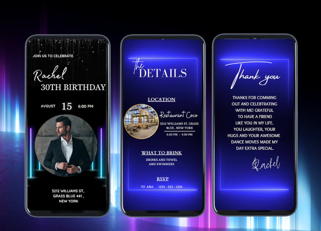 Digital Birthday Video NEON Invitation , Men or Ladies Luxury Party ...