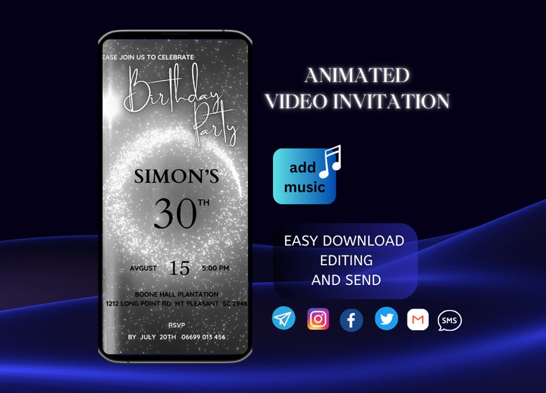Video Birthday Invitation Silver, Party Invitation, Any Age Bday Party ...