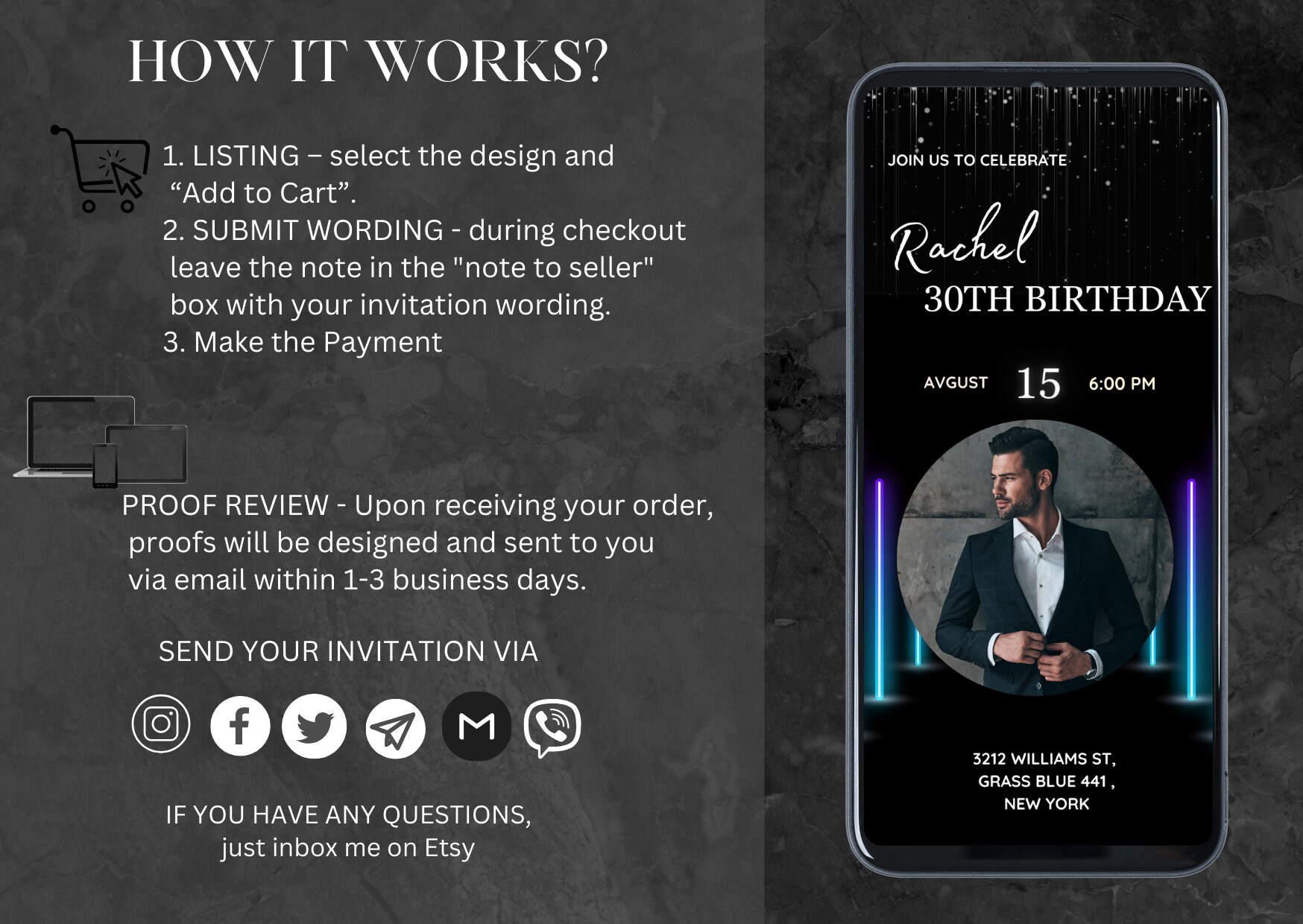 Digital Birthday Video NEON Invitation , Men or Ladies Luxury Party ...
