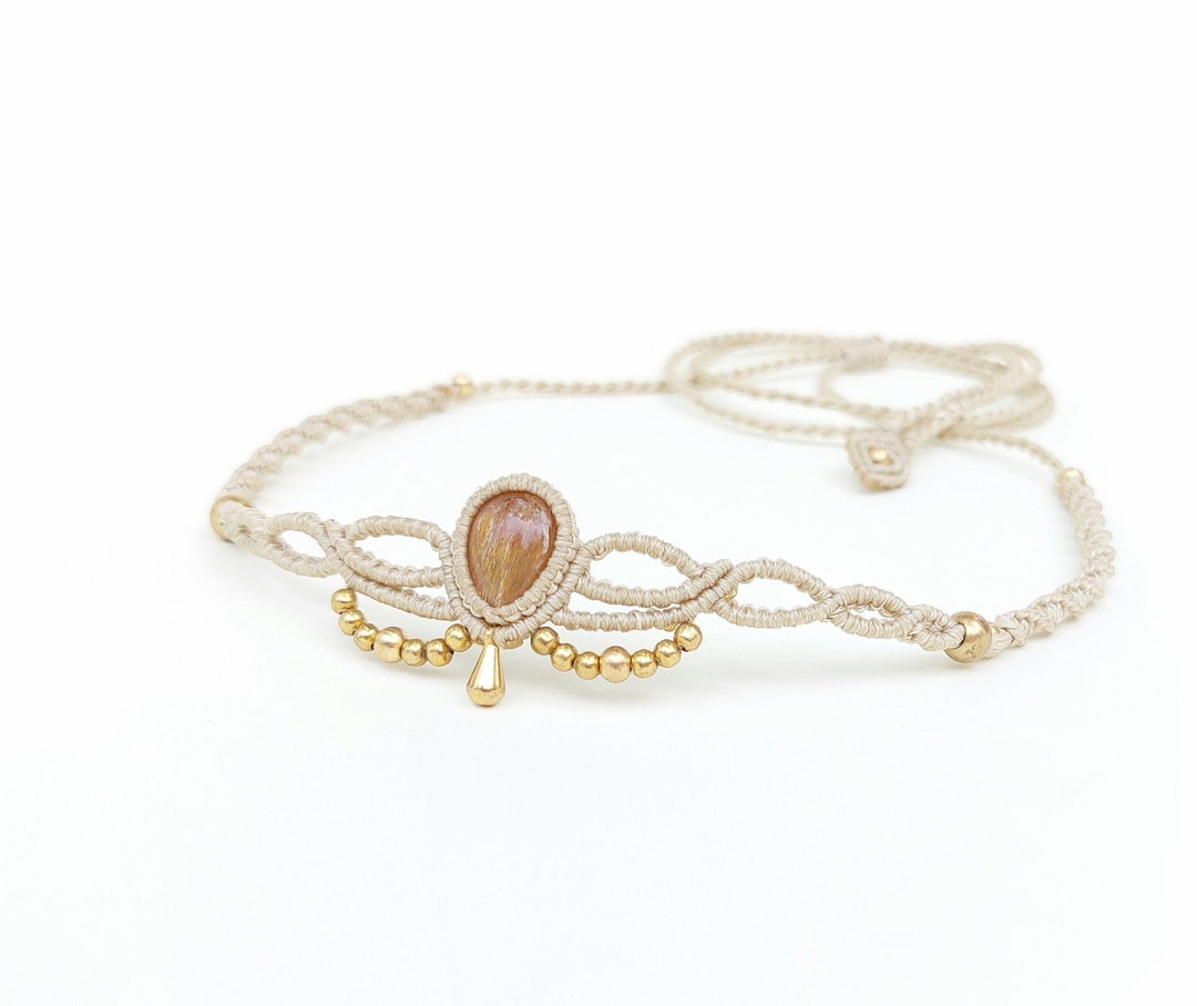 Boho Macrame Tiara With Sun Stone - Wedding Band, Sun Stone Choker ...