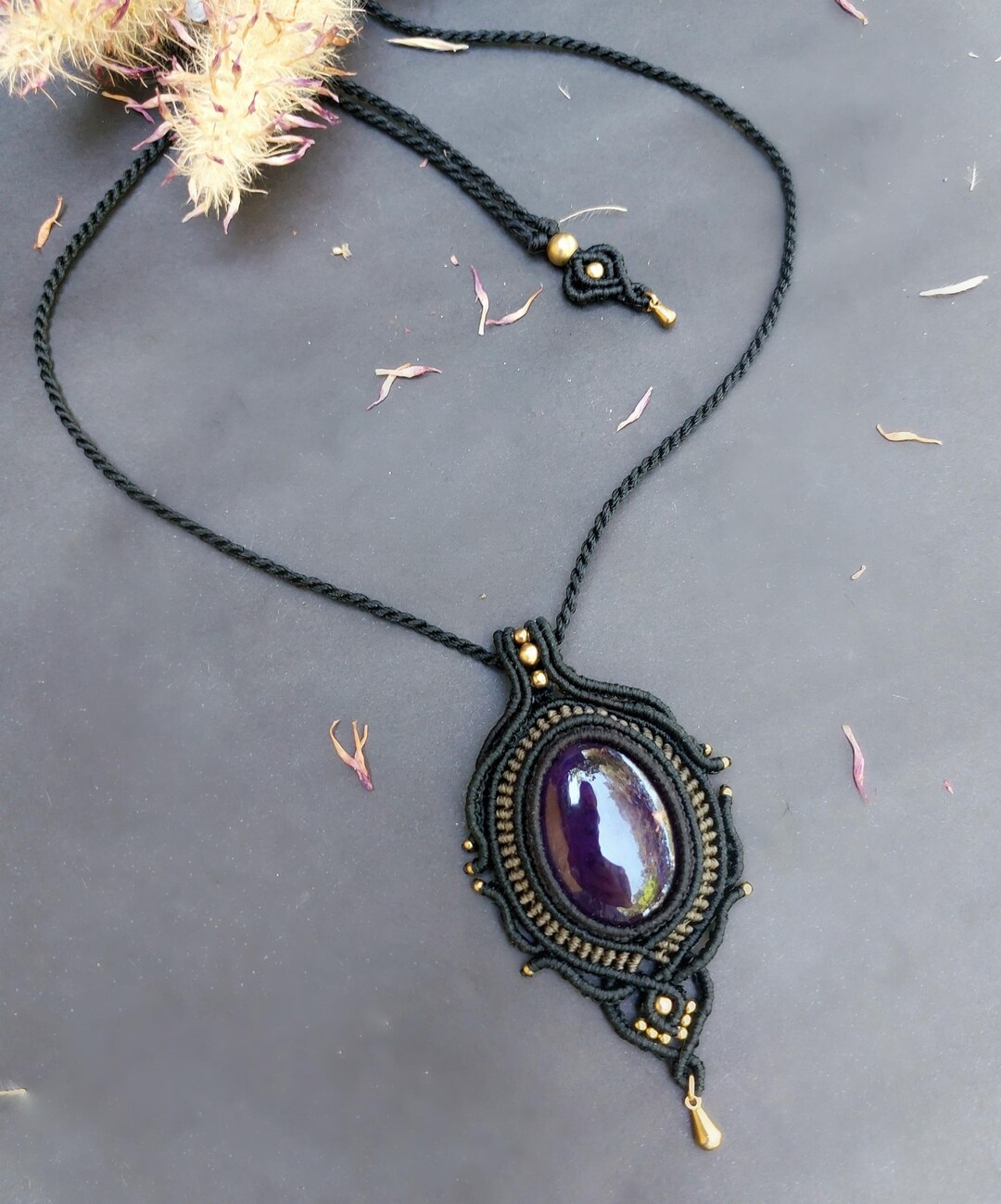 Victorian Goth Necklace With Amethyst Crystal, Black Macrame Pendant ...