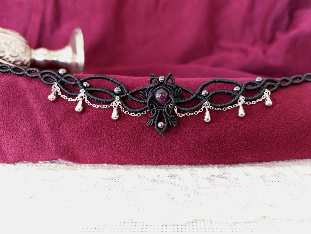 Victorian Gothic Macrame Choker Necklace – Amethyst or Garnet, Witchy ...