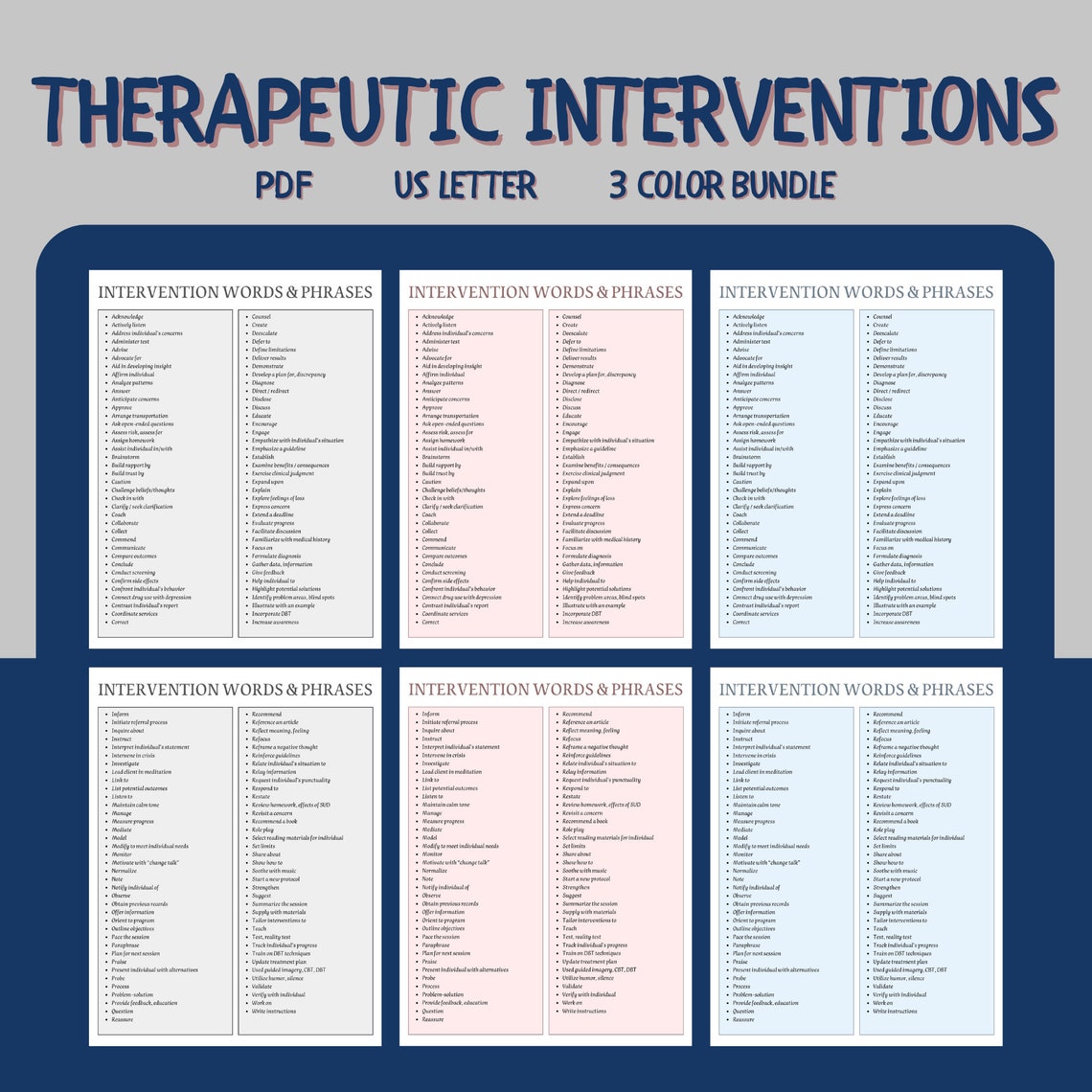 Therapeutic Interventions List: Therapist Cheat Sheets (printable ...