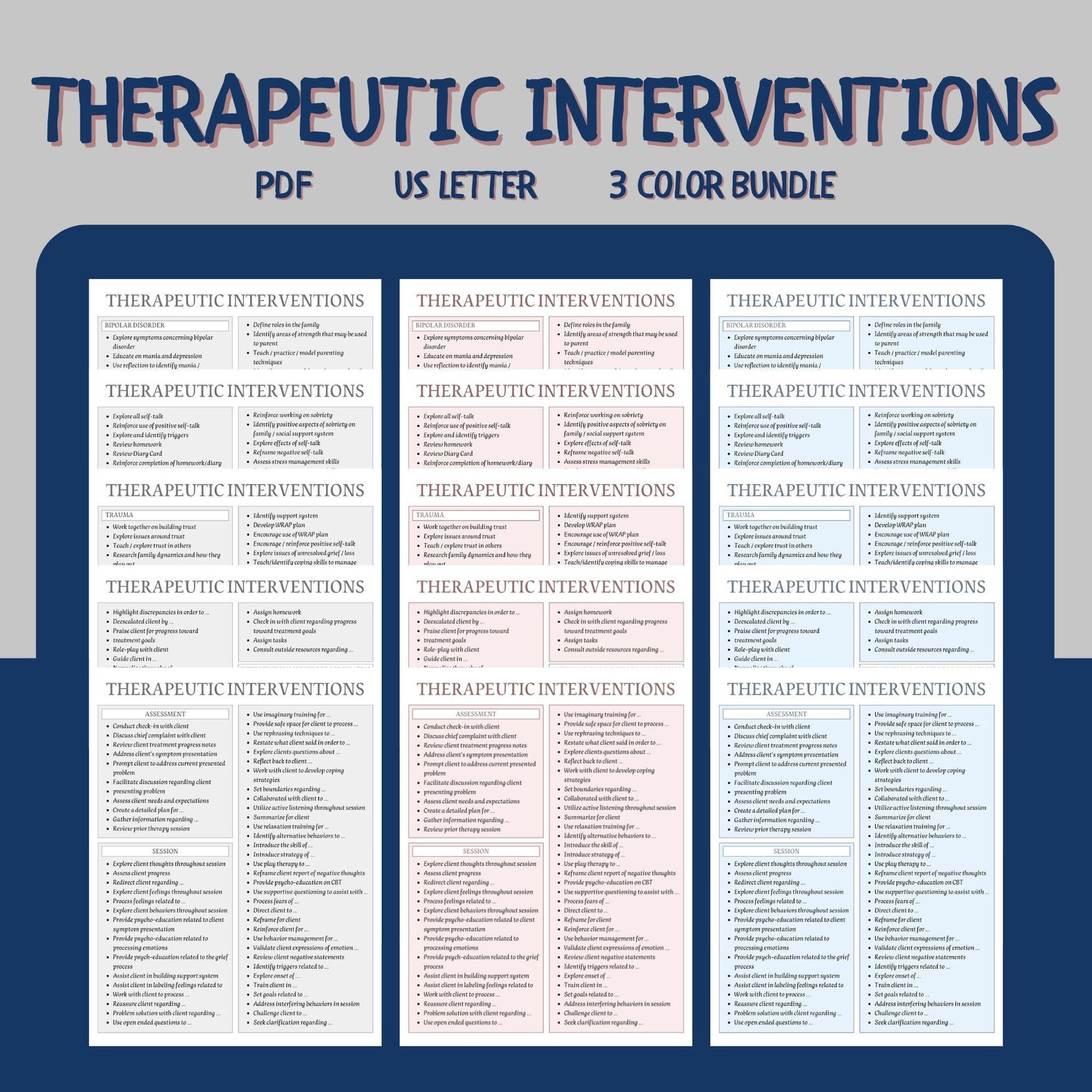 Therapeutic Interventions I 3 Color Bundle I Therapy Intervention List I Therapist Cheat Sheets ...