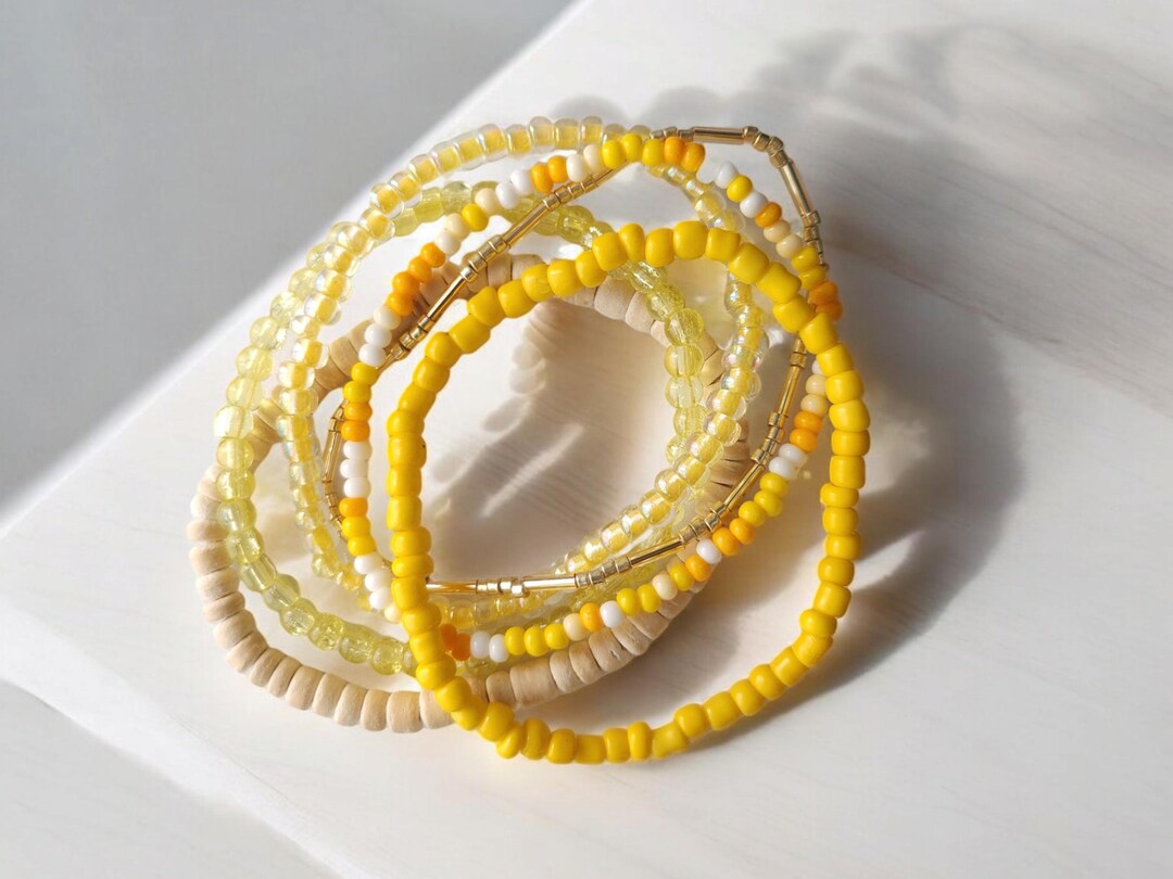 Yellow Seed Bead Bracelet Set, Six Piece Stretch Bracelet, Gift for Mom ...