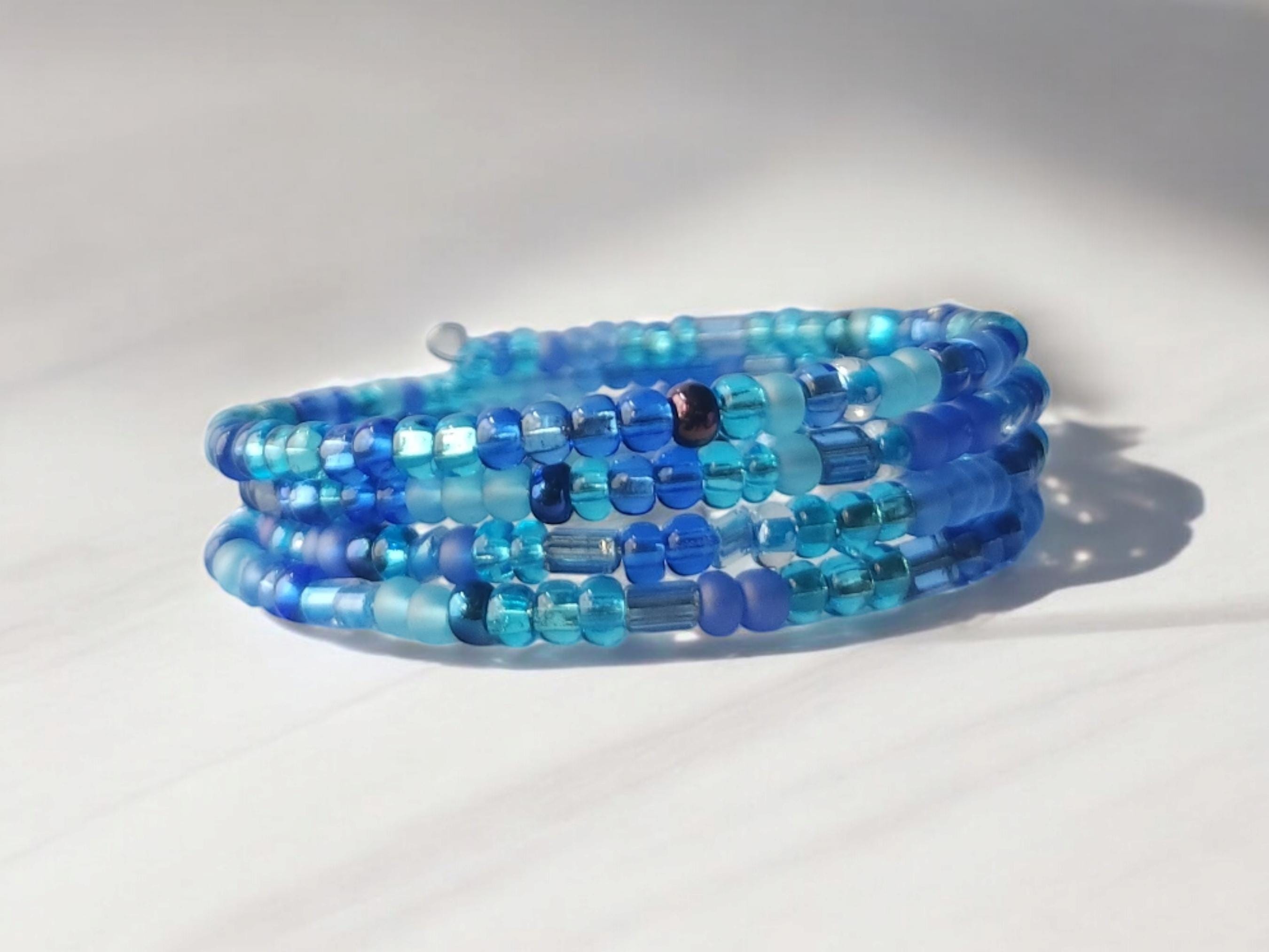 Blue Seed Bead Memory Wire Bracelet: Silver Planet Charm - Etsy
