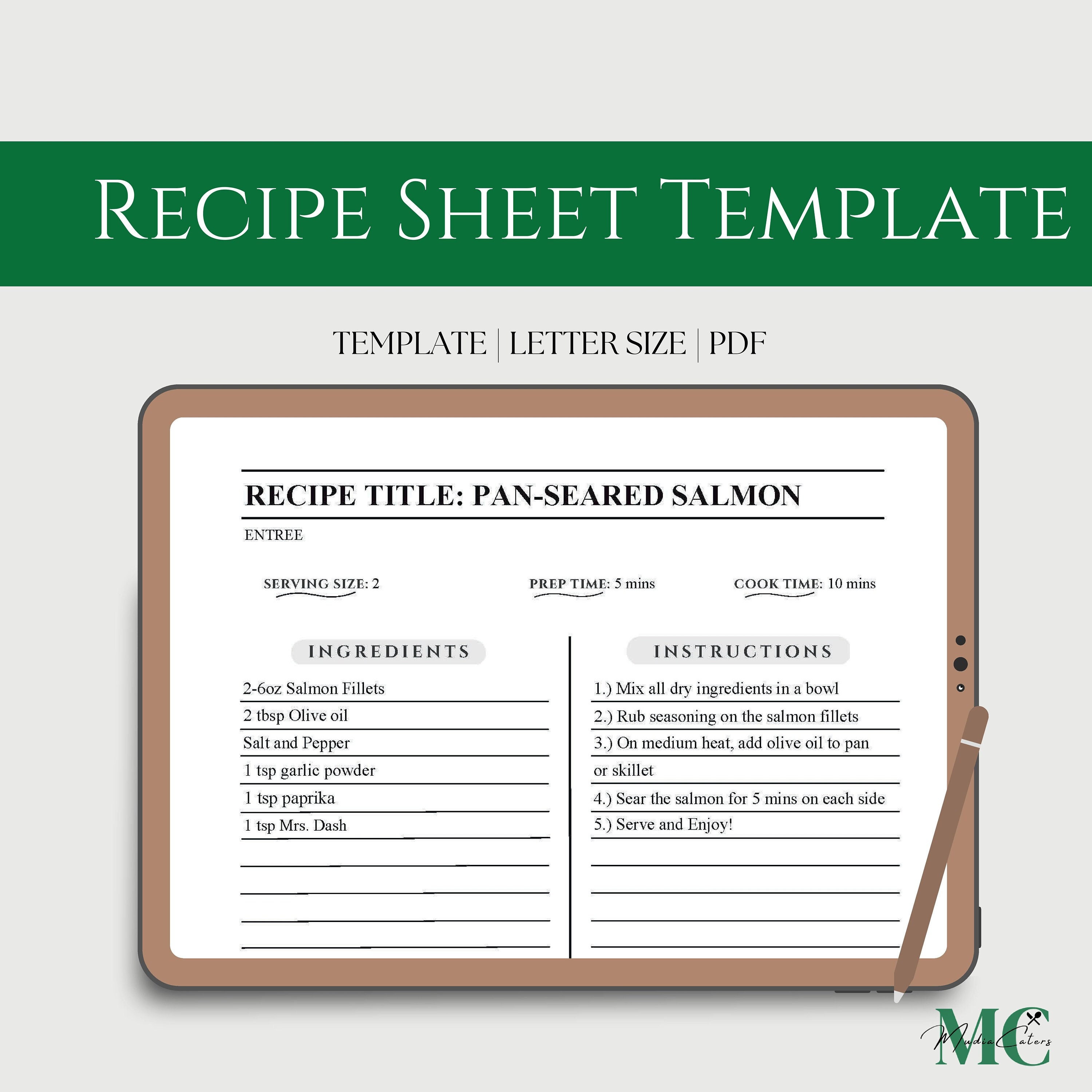 Recipe Sheet Template Editable and Printable Template Minimalist ...