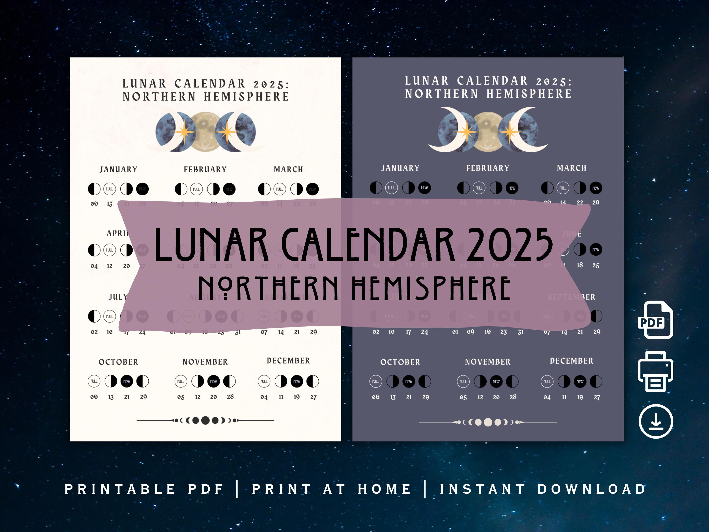 Printable Lunar Phase Calendar for Northern Hemisphere | Single Page ...