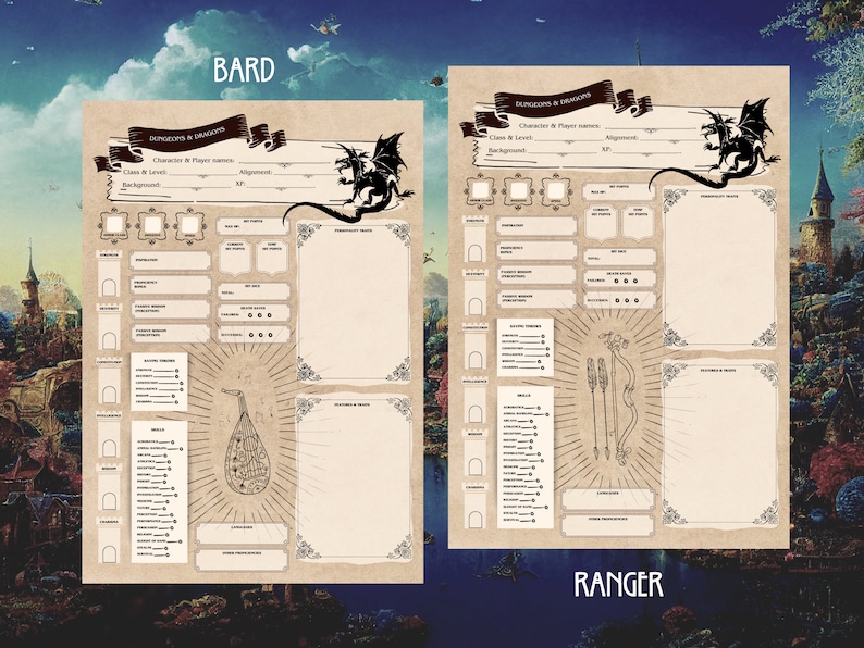 Printable Table-top Adventure Game Character Sheets dnd Vintage Aged ...