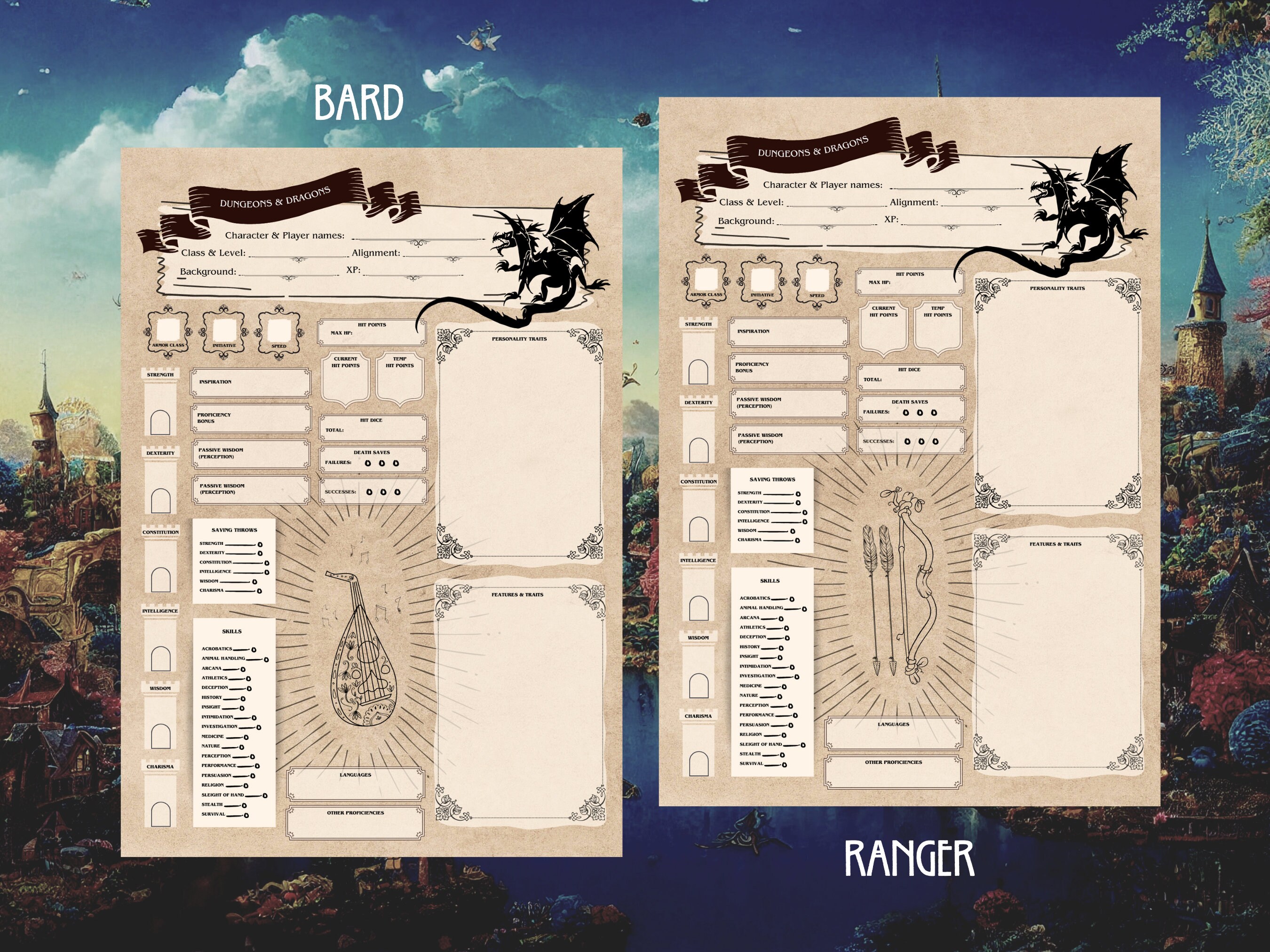 Printable Table-top Adventure Game Character Sheets dnd Vintage Aged ...