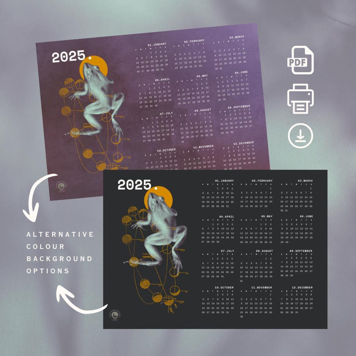Printable 2025 Year at a Glance Calendar Frog Graphic Minimal Design ...