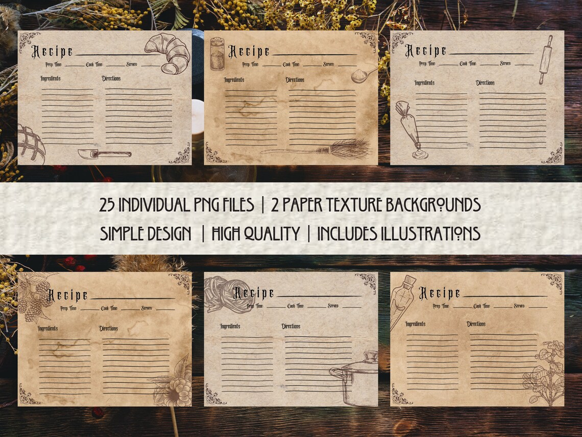Printable Kitchen Witch Recipe Cards: Vintage Texture (PNG & PDF) - Etsy
