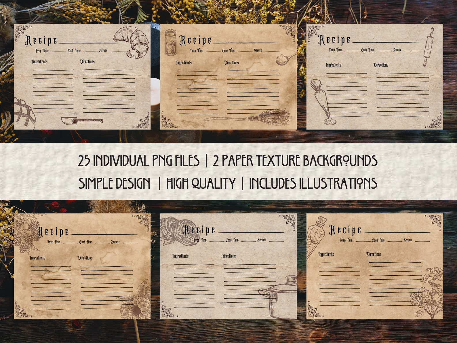 Printable Kitchen Witch Recipe Cards: Vintage Texture (PNG & PDF) - Etsy