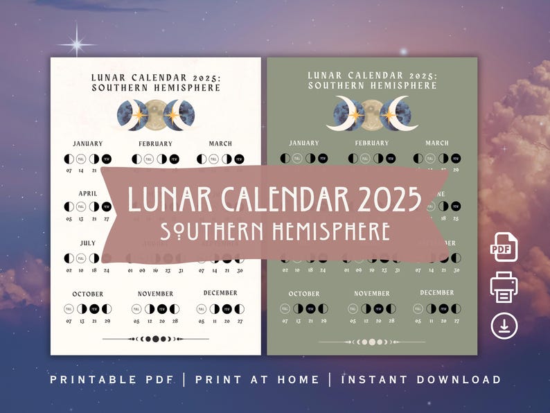 Printable Lunar Phase Calendar for Southern Hemisphere | A3 Single Page ...