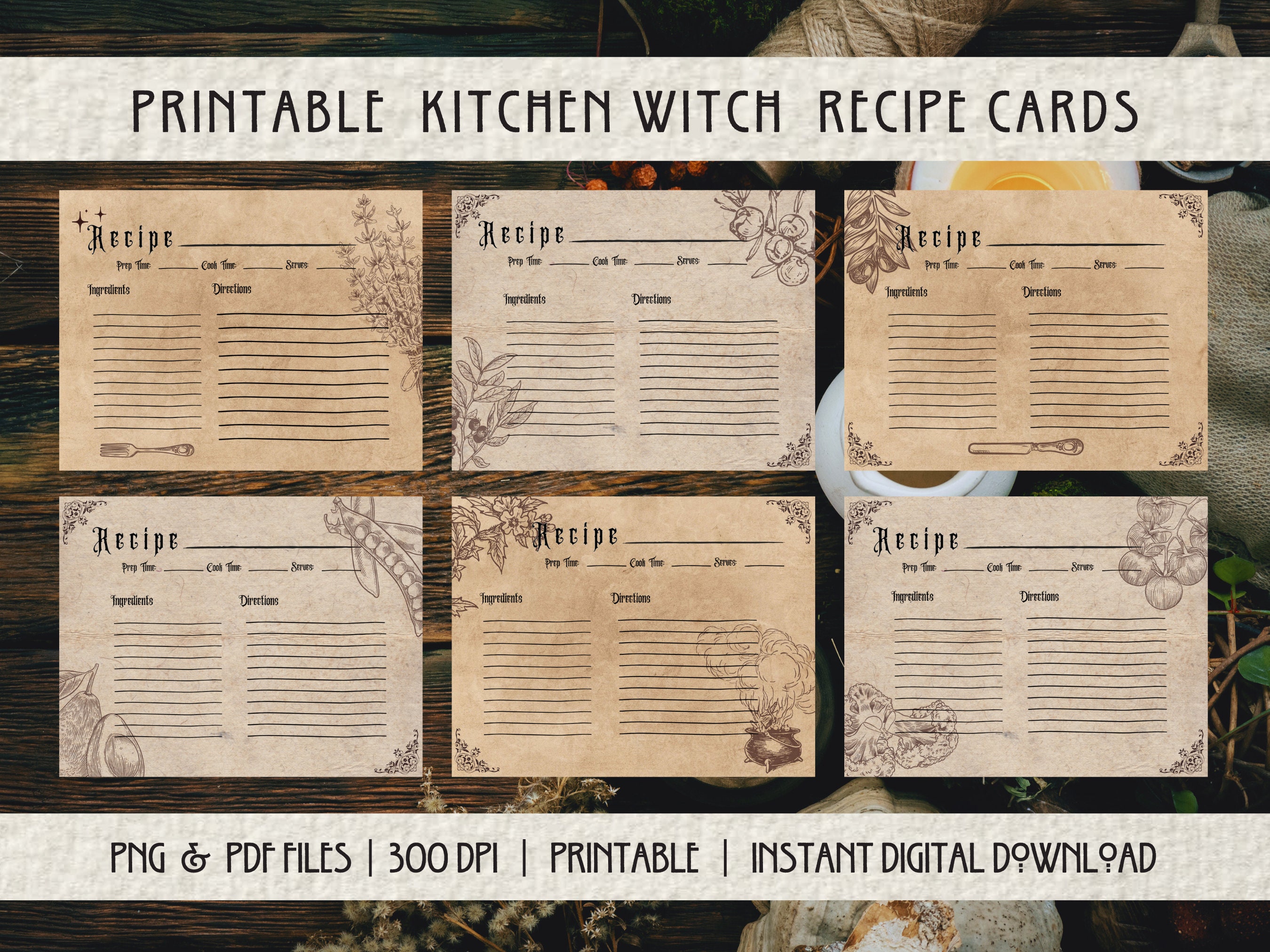 Printable Kitchen Witch Recipe Cards: Vintage Texture (PNG & PDF) - Etsy