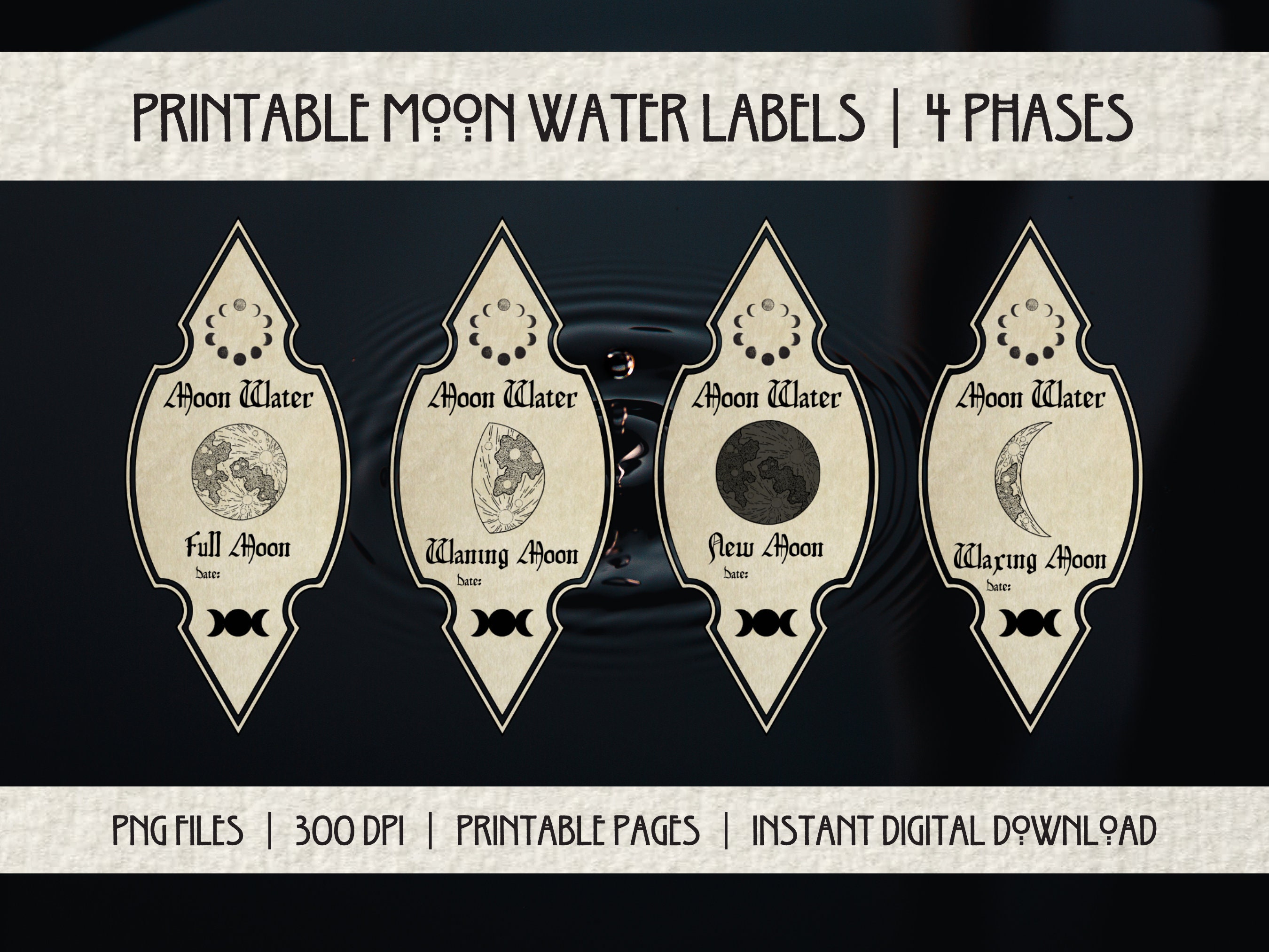 Printable Basic Moon Water Labels | Four Moon Phases | Digital Download ...