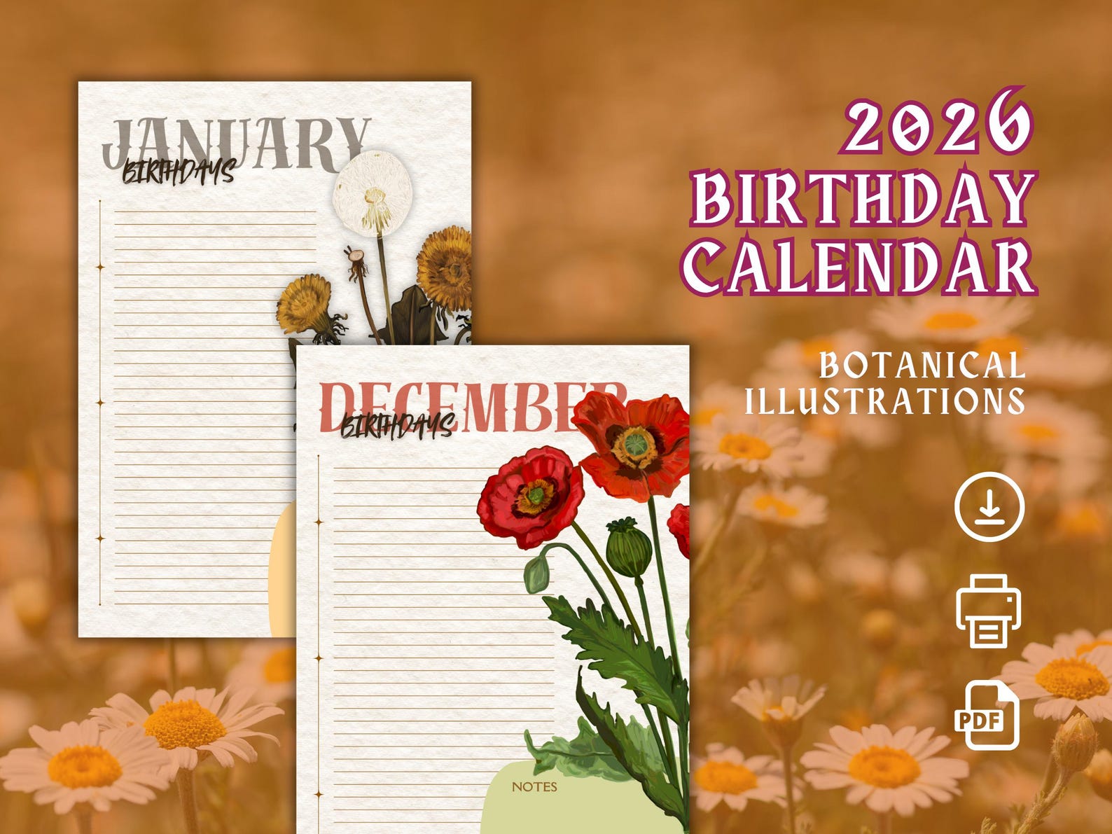 Printable Birthday Calendar | Botanical Illustrations, A4 Size ...