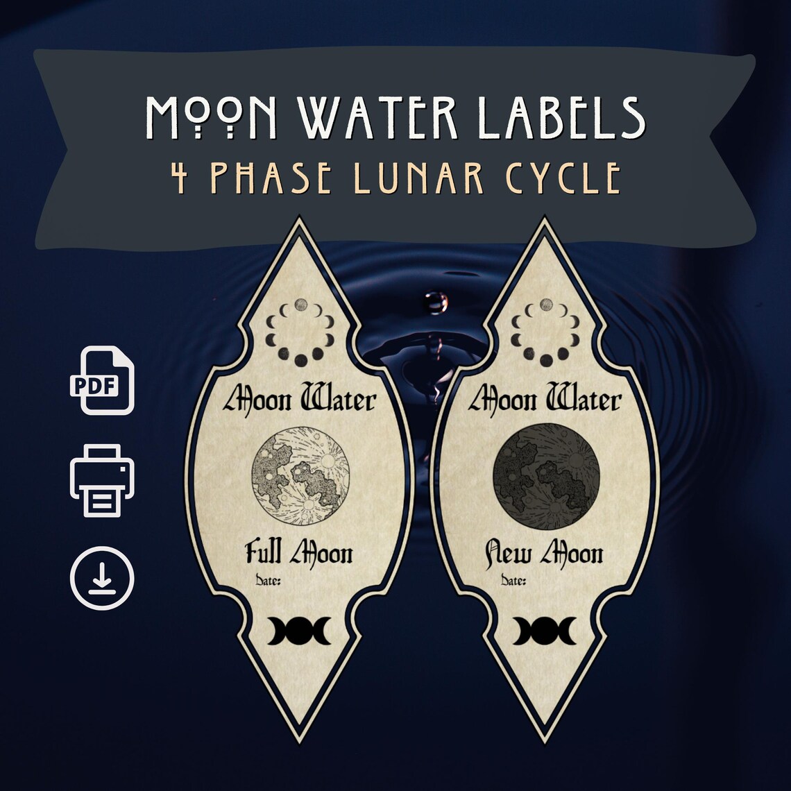 Printable Basic Moon Water Labels | Four Moon Phases | Digital Download ...