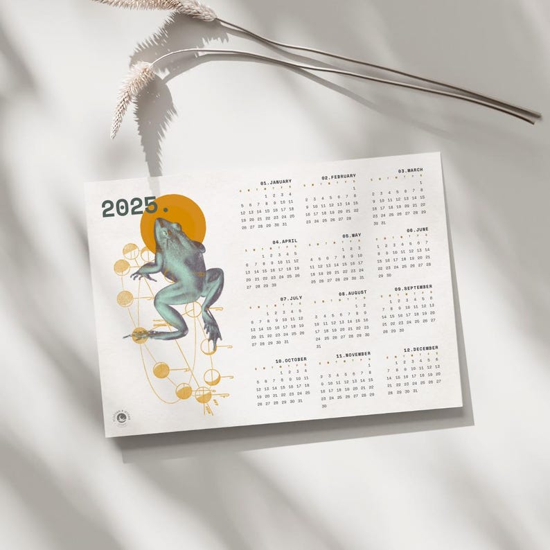 Printable 2025 Year at a Glance Calendar Frog Graphic Minimal Design ...