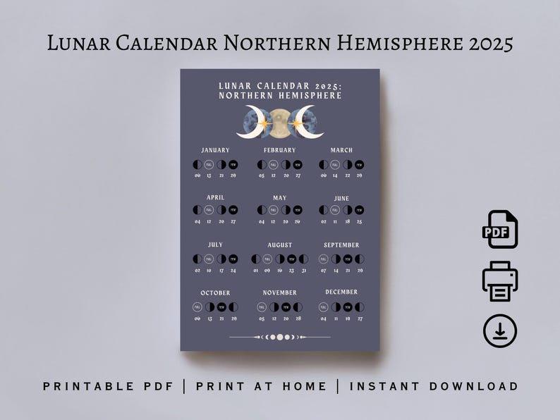 Printable Lunar Phase Calendar for Northern Hemisphere | Single Page ...